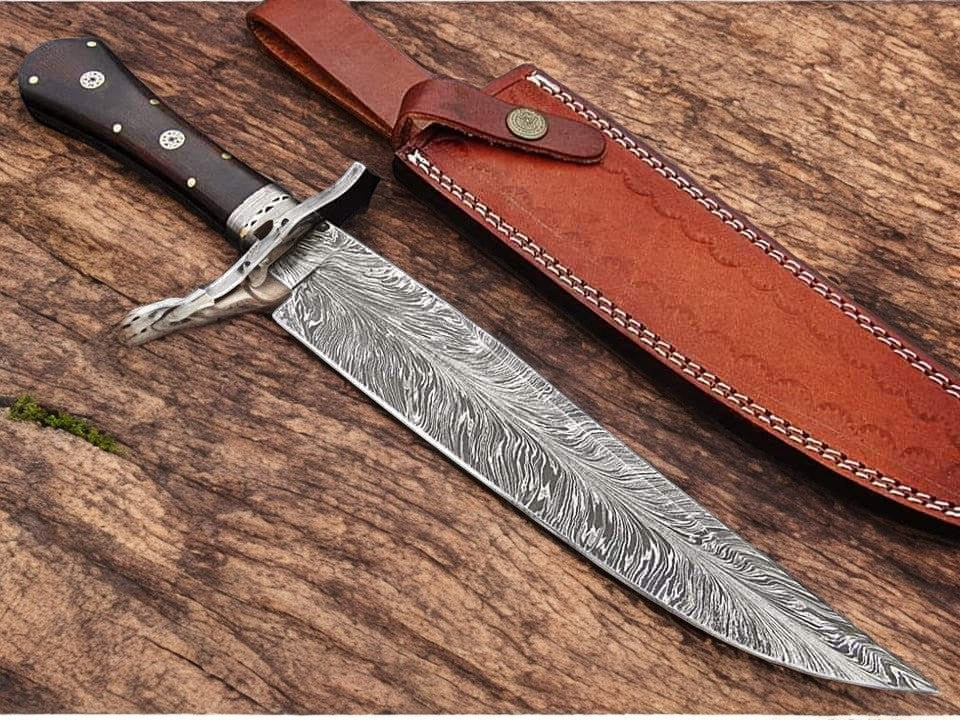 Custom Handmade Feather Pattern Damascus Bowie Knife – Fruit Hunters